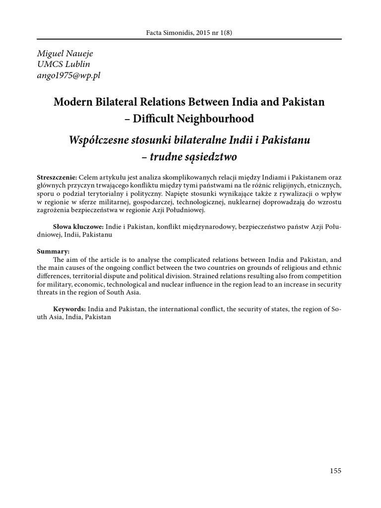 Modern Bilateral Relations Between India and Pakistan - Difficult ...