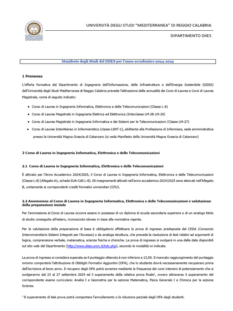 Manifesto Studi DIIES 2024-2025 | PDF