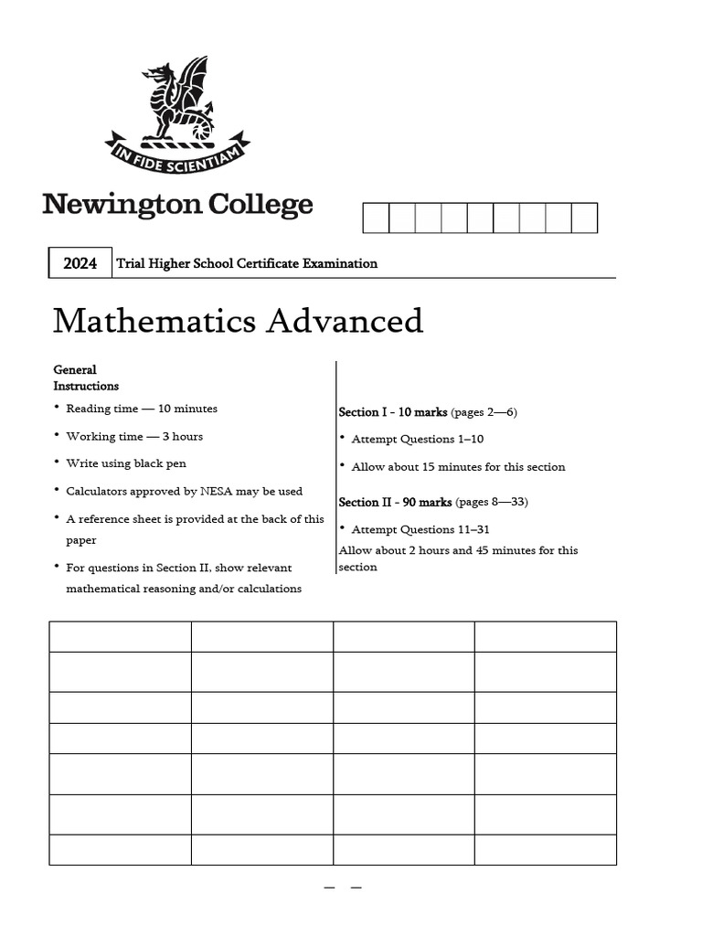 2024 Newington HSC Mathematics Advanced Trial Examination | PDF
