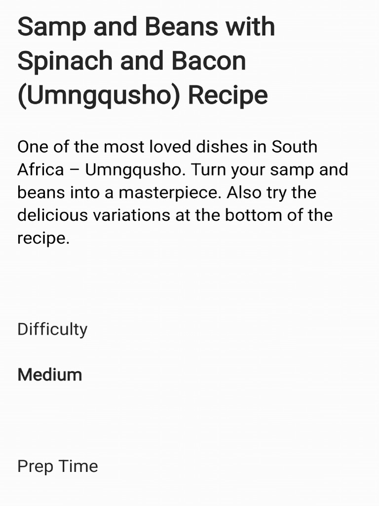 Samp and Beans With Spinach and Bacon (Umngqusho) Recipe | PDF