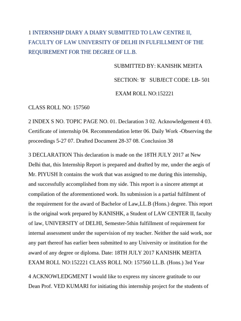 1 Internship Diary A Diary Submitted To Law Centre Ii | PDF | Adverse ...