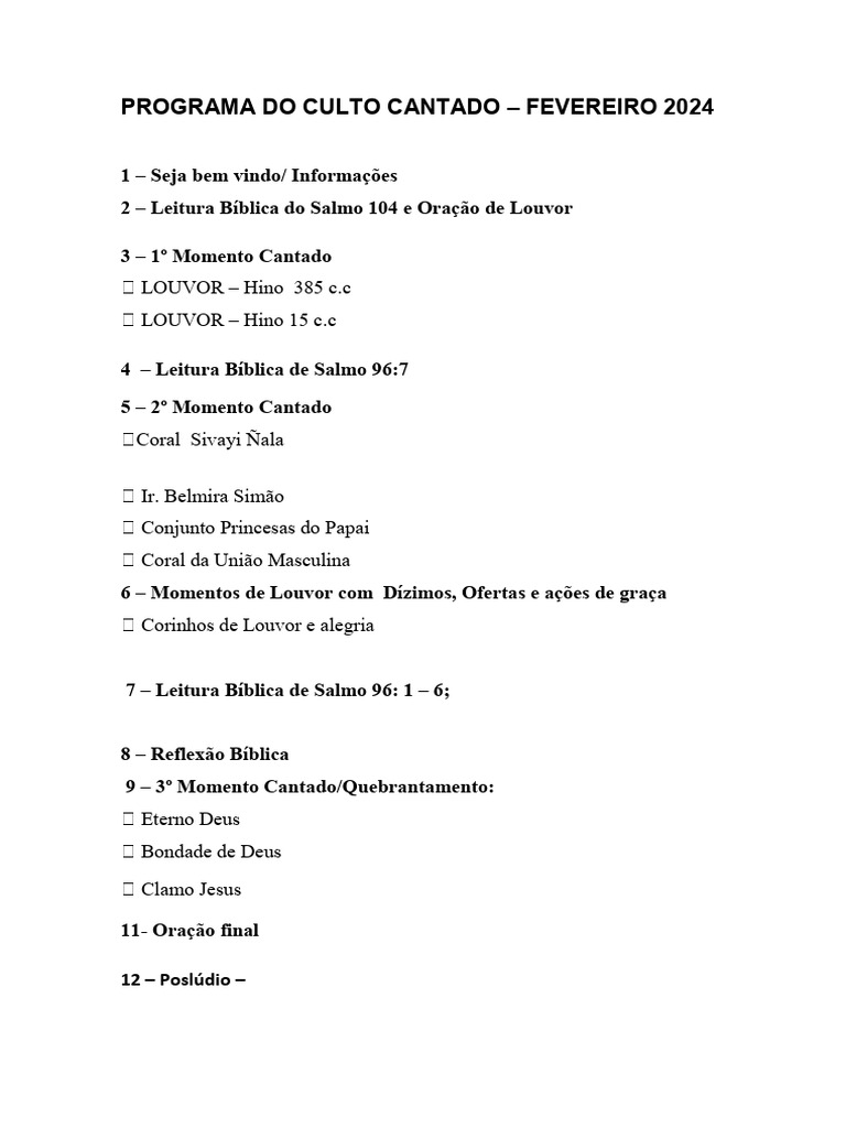 Culto Cantado - Fevereiro 2024 | PDF