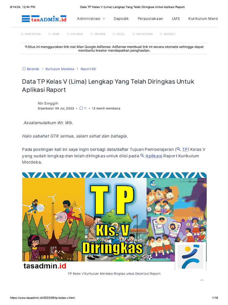 Data TP Kelas V (Lima) Lengkap Yang Telah Diringkas Untuk Aplikasi Raport 2 | PDF