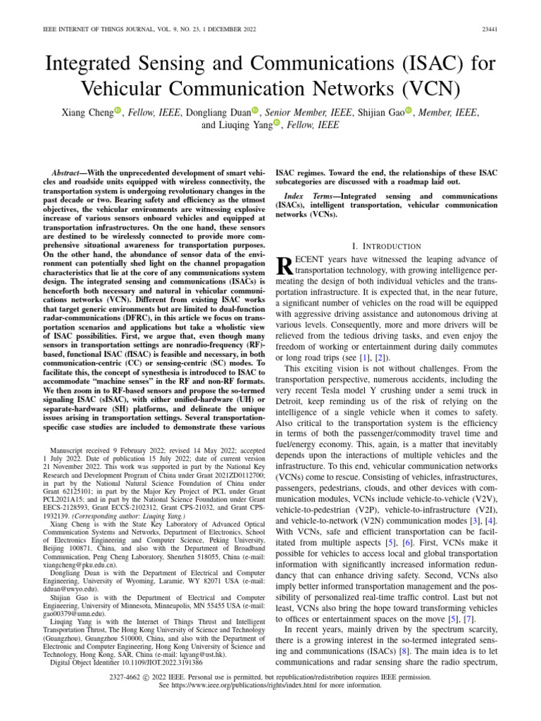 Integrated Sensing and Communications ISAC For Vehicular Communication Networks VCN | PDF