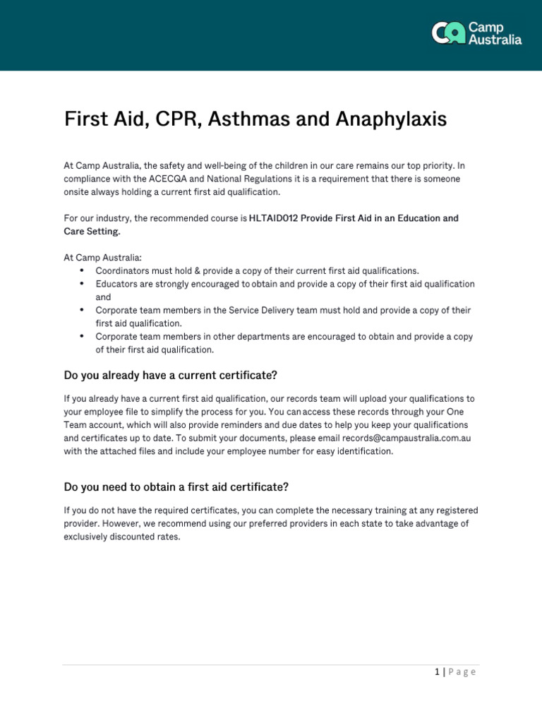 First Aid, CPR, Asthmas and Anaphylaxis | PDF
