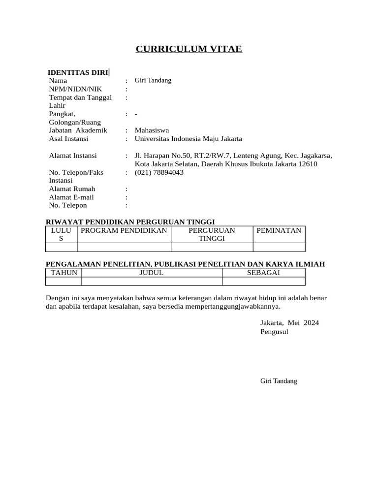Curriculum Vitae Giri Tandang | PDF
