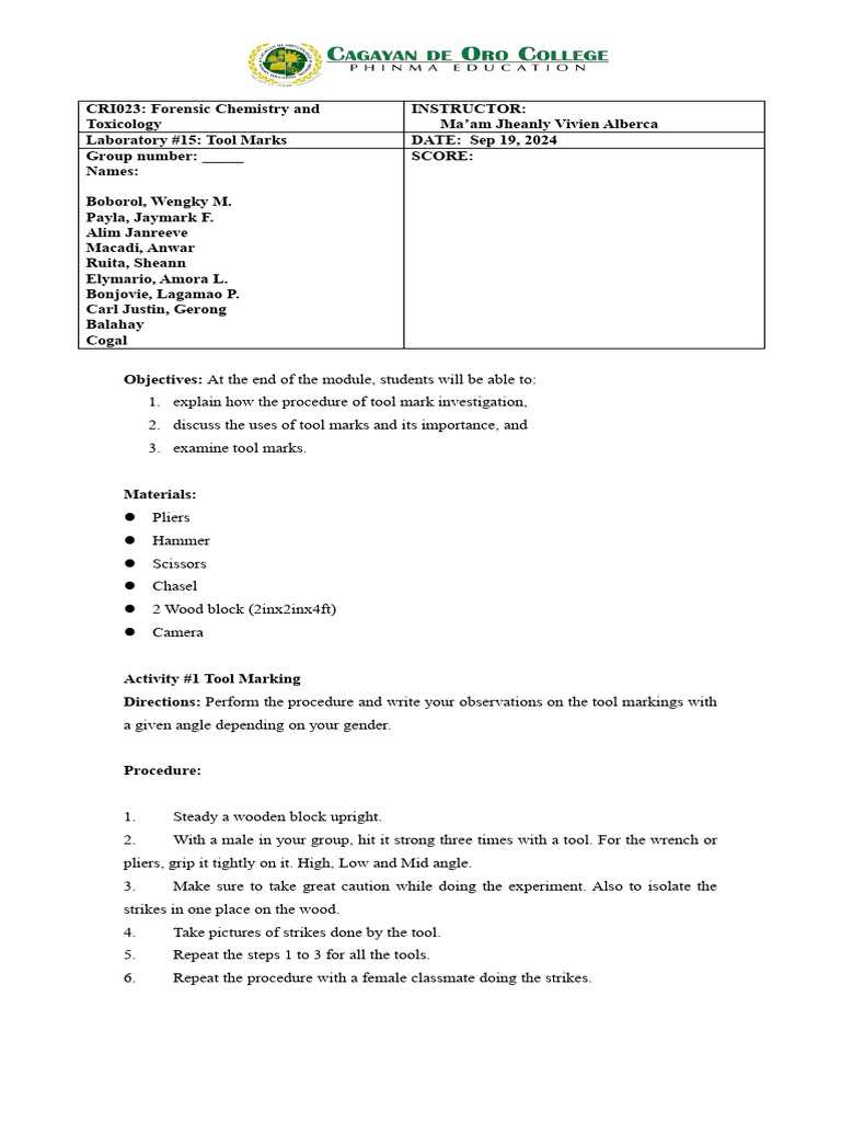 Laboratory-15. (Group 1) Tool-Marks | PDF
