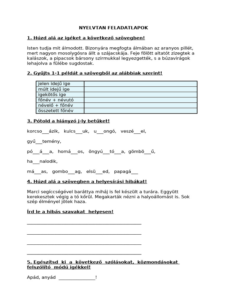 Nyelvtan Feladatlapok | PDF