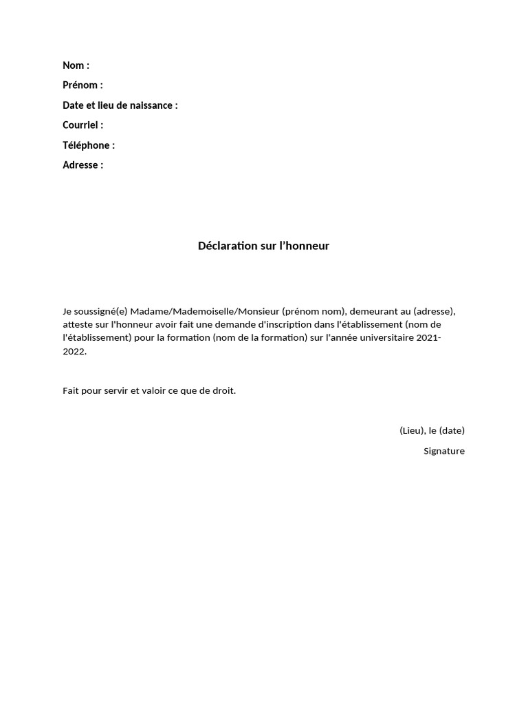 Déclaration Sur Lhonneur Crous | PDF