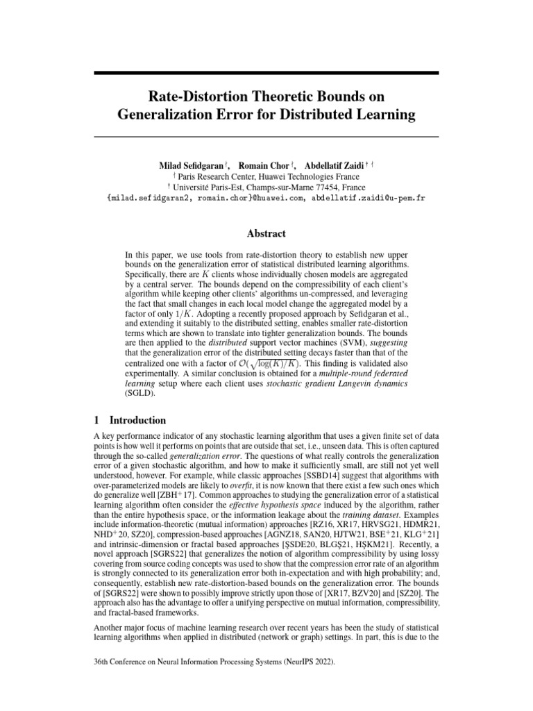 NeurIPS 2022 Rate Distortion Theoretic Bounds On Generalization Error For Distributed Learning ...