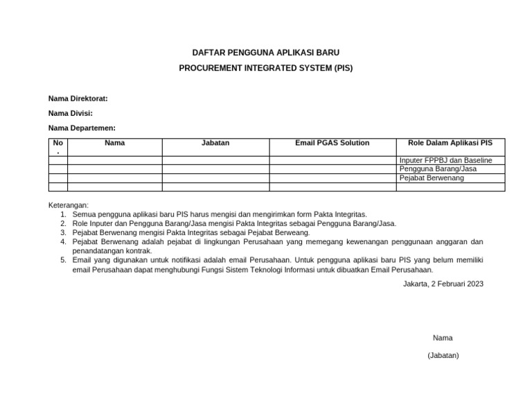 Daftar Pengguna Aplikasi Baru PIS | PDF