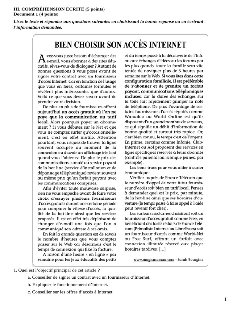 Lisez Le Texte Et Répondez Aux Questions Suivantes en Choisissant La ...