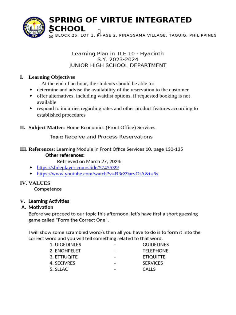 Learning Plan - Tle 10 | PDF