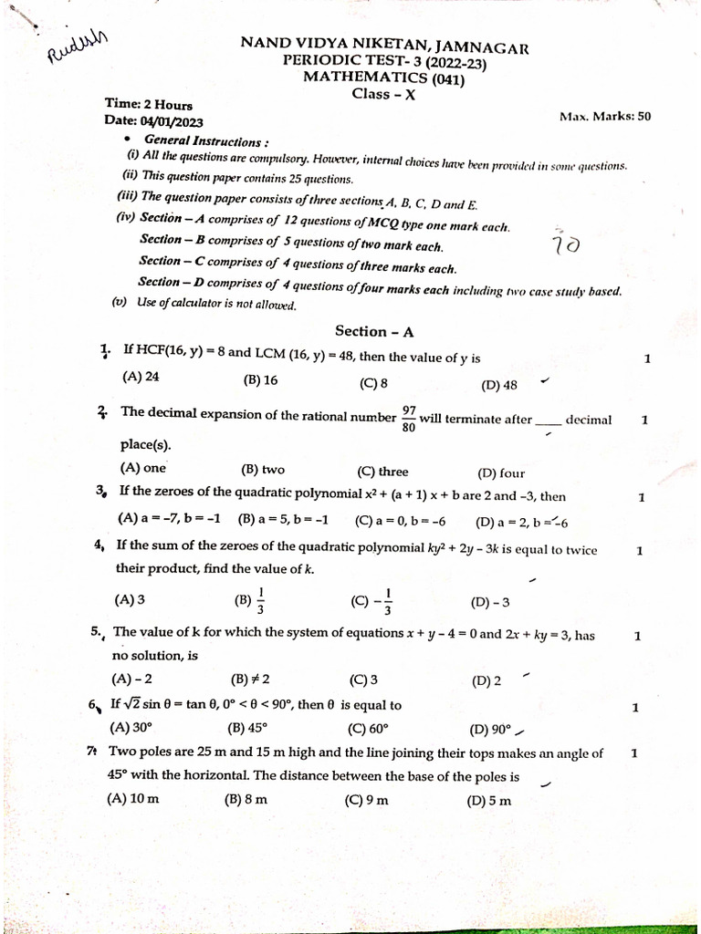 Nand Vidya Niketan, Jamanagar Periodic Test - 3 (Question Paper) | PDF