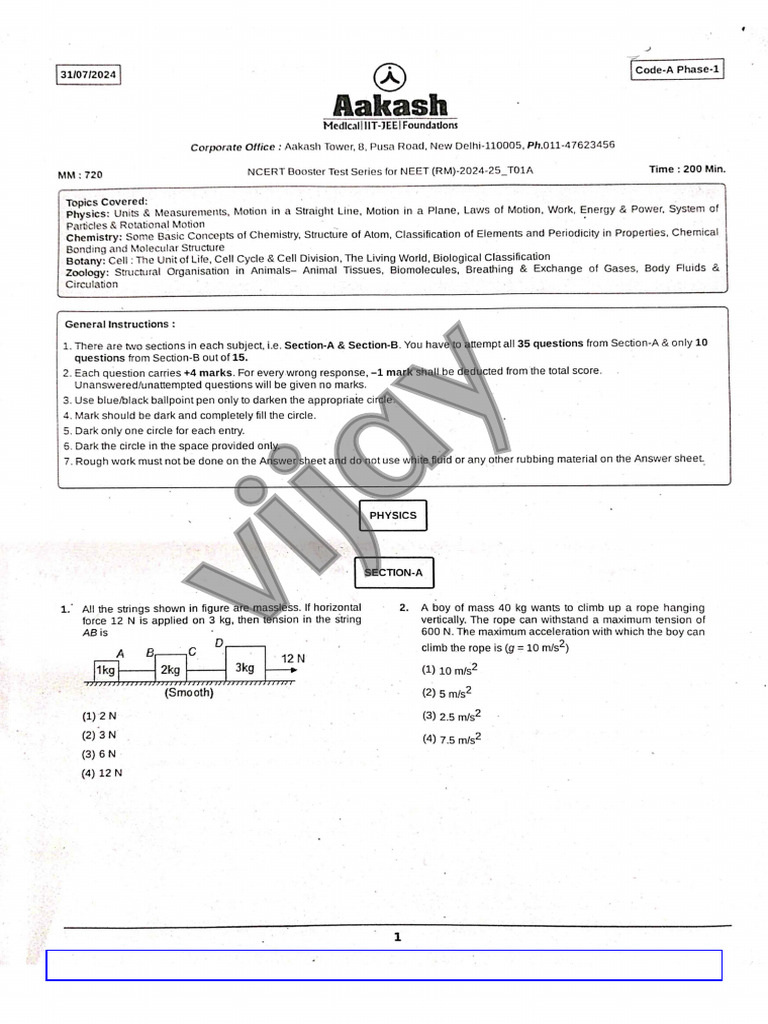 Nbts 1 Code A Viju RM p1 Que @cet - Jee - Neet | PDF