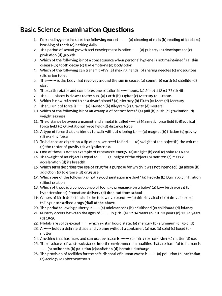 Basic Science Examination Questions | PDF