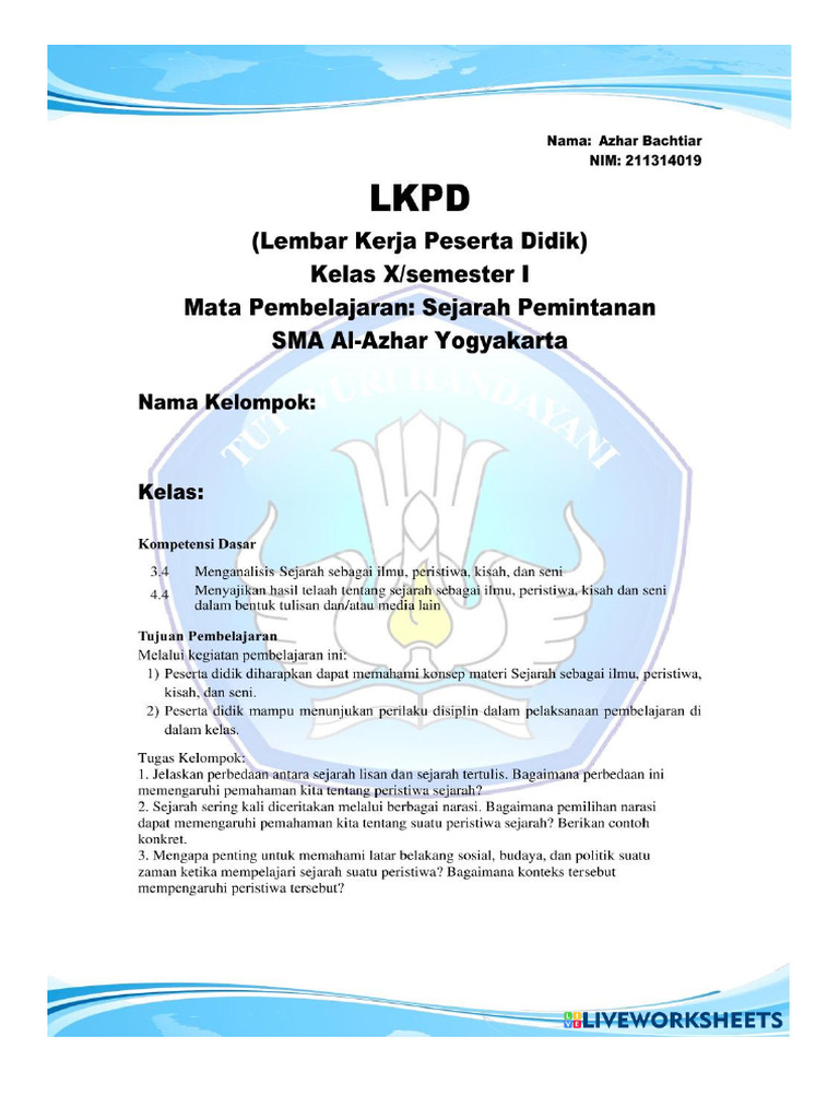 LKPD Sejarah Sebagai Seni | PDF