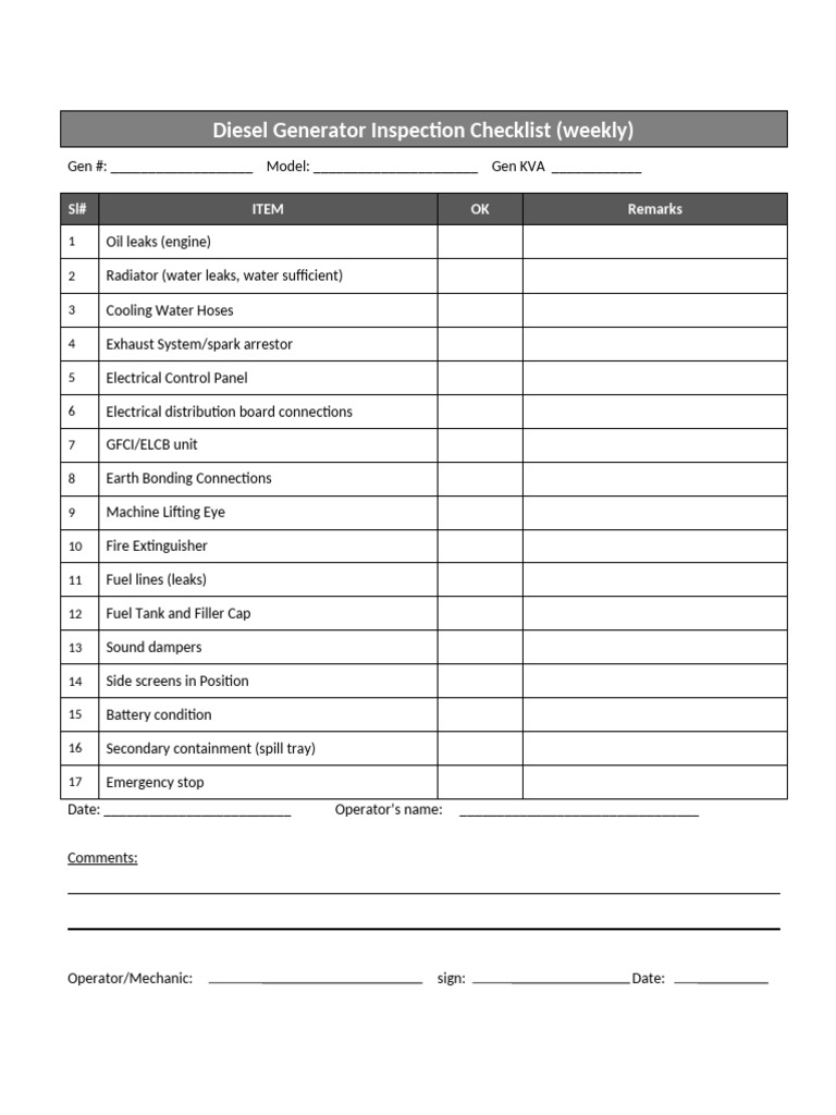 Diesel Generator Inspection Checklist | PDF