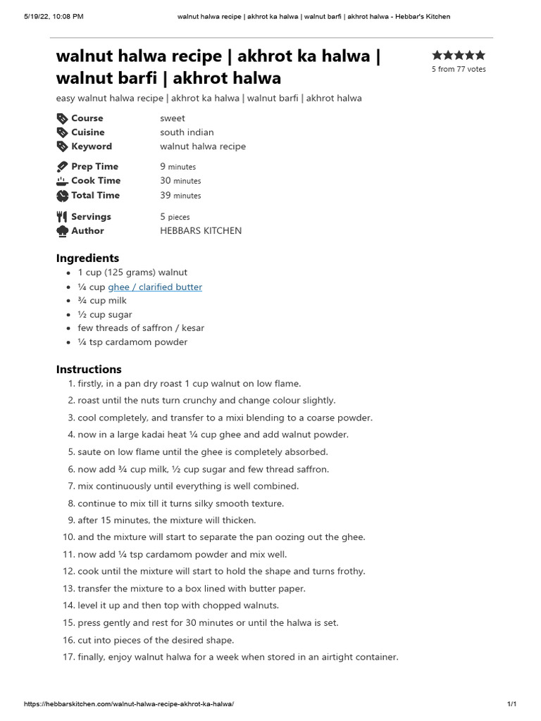 Walnut Halwa Recipe - Akhrot Ka Halwa - Walnut Barfi - Akhrot Halwa - Hebbar's Kitchen | PDF