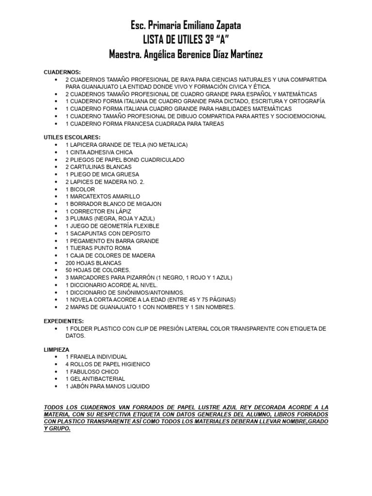 1 Lista de Utiles 3a | PDF