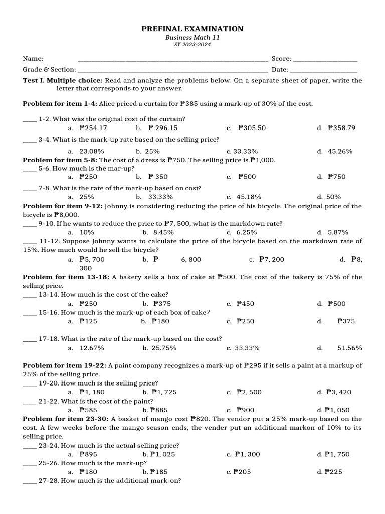 Prefinal Business Math | PDF