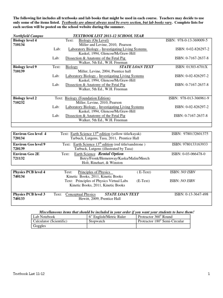 2011-2012 School Year Textbook and Lab Book List | PDF | Advanced ...