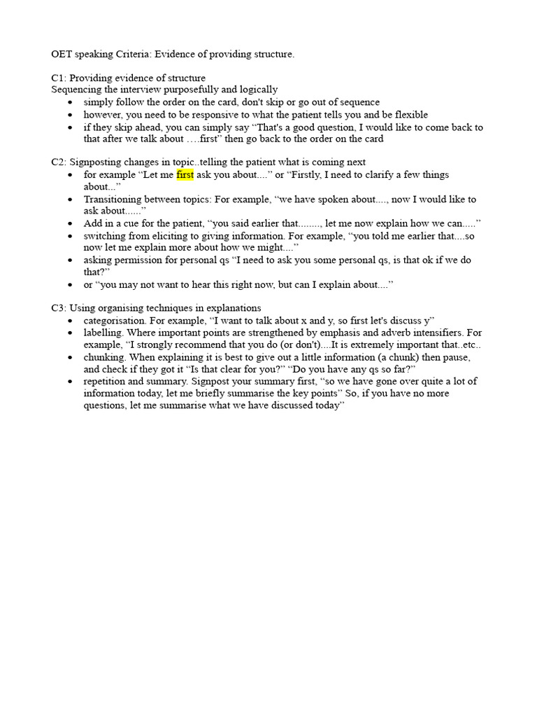 OET Speaking Criteria Evidence of Providing Structure. | PDF