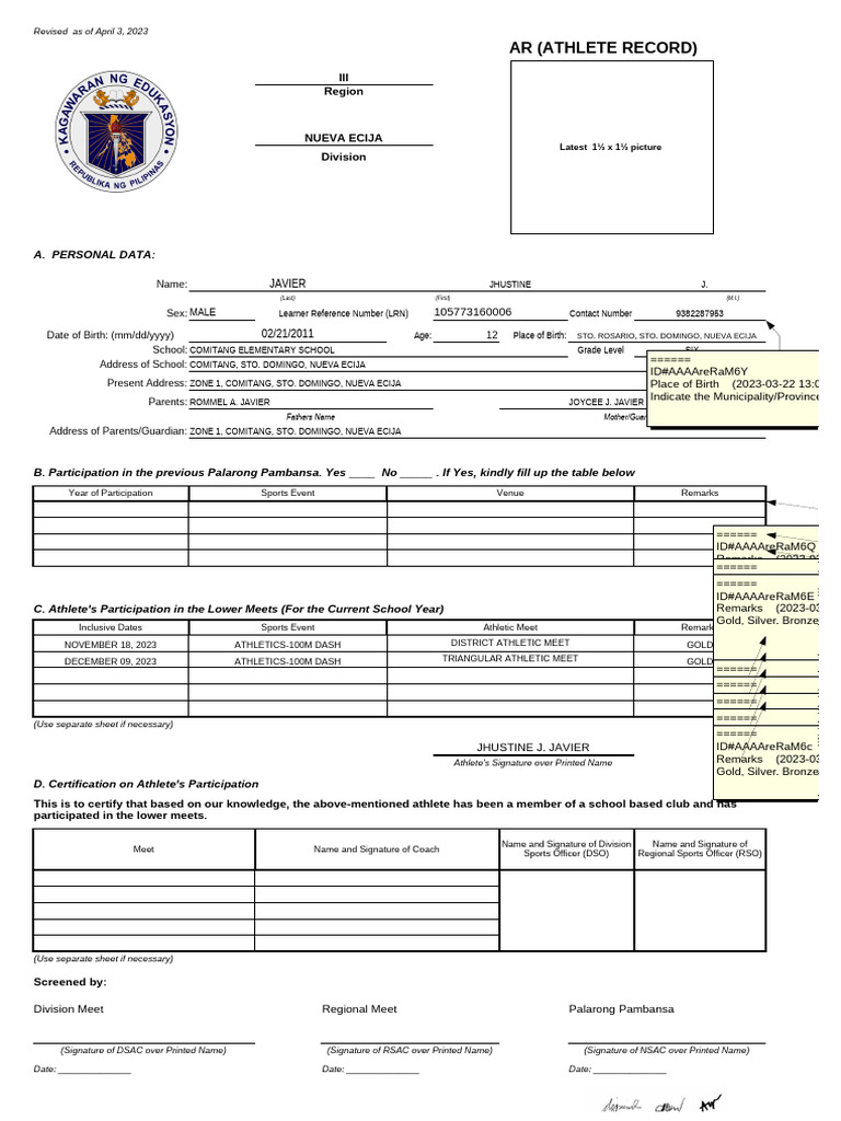 Athletes Record | PDF | Chemical Elements | Sets Of Chemical Elements