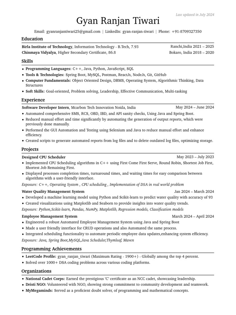 Gyan Ranjan Tiwari's Tech Resume | PDF | Computer Programming | Computers