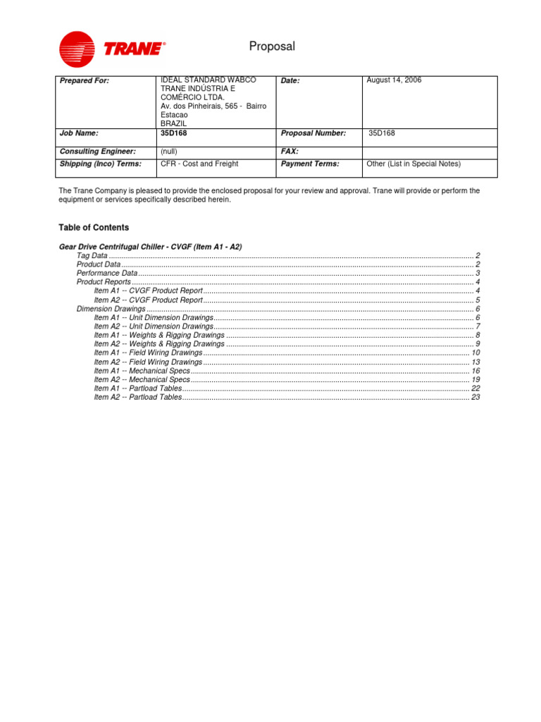 Data Sheet Chiller Trane 650 TR | PDF