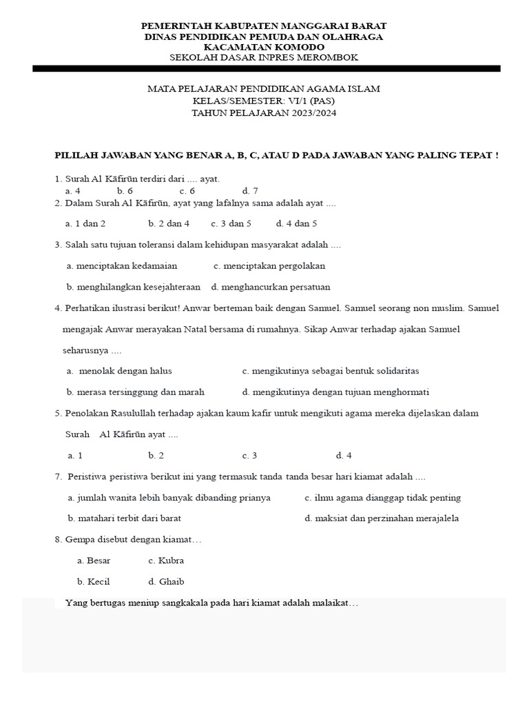 Soal - PAS - PAI - Kls 6 - SEMESTER 1 | PDF