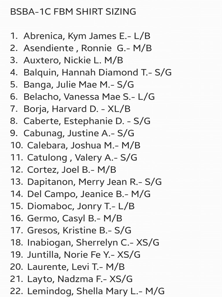Bsba-1c Shirt Sizing | PDF