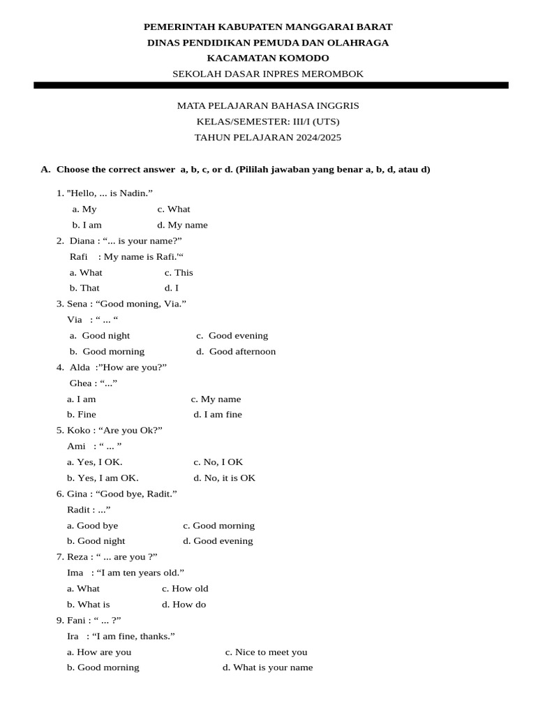 Uts - Smster 1 - Class - 3 - 2024 - 2025 | PDF | Languages Of Southeast Asia | Languages