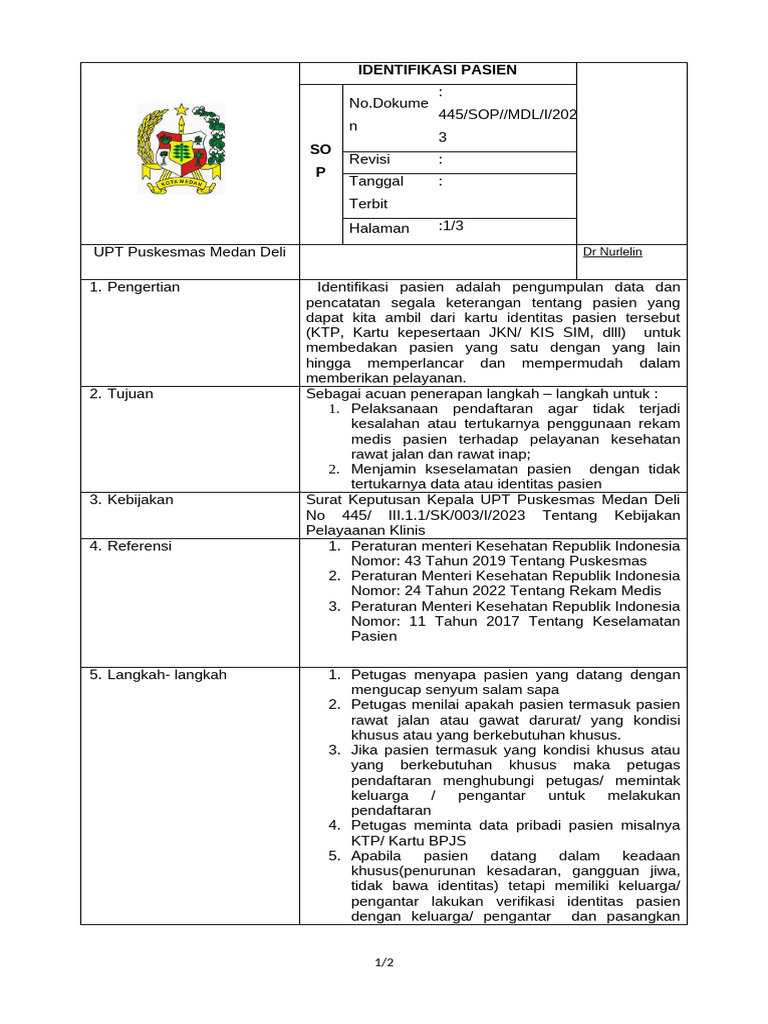 1a. Sop - Pelaksanaan Indentifikasi Pasien | PDF