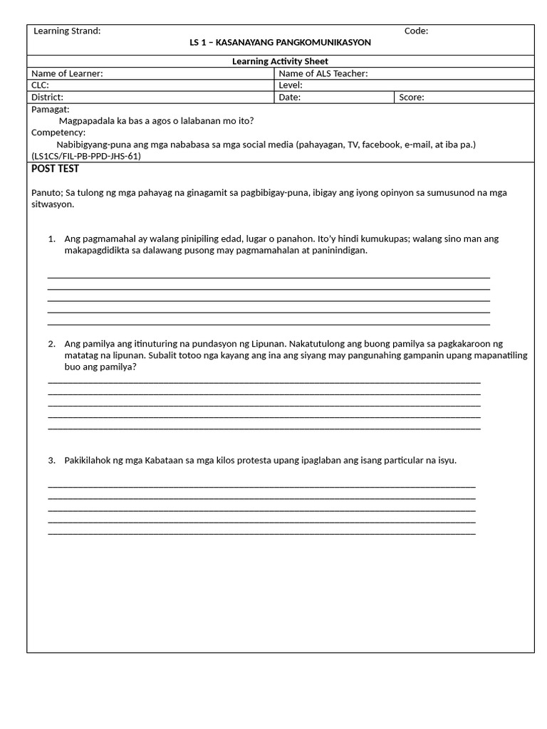 LS1 - Pagsang-Ayon at Pagsalungat | PDF