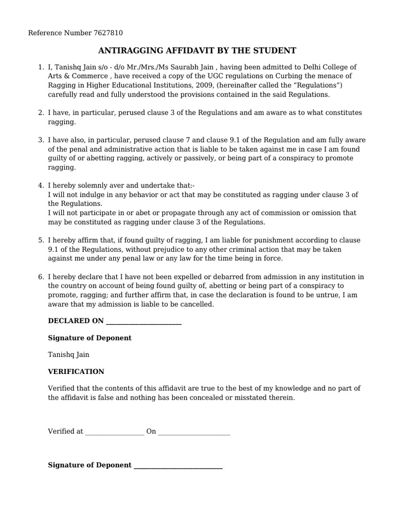 Anti Ragging Affidavit Form | PDF