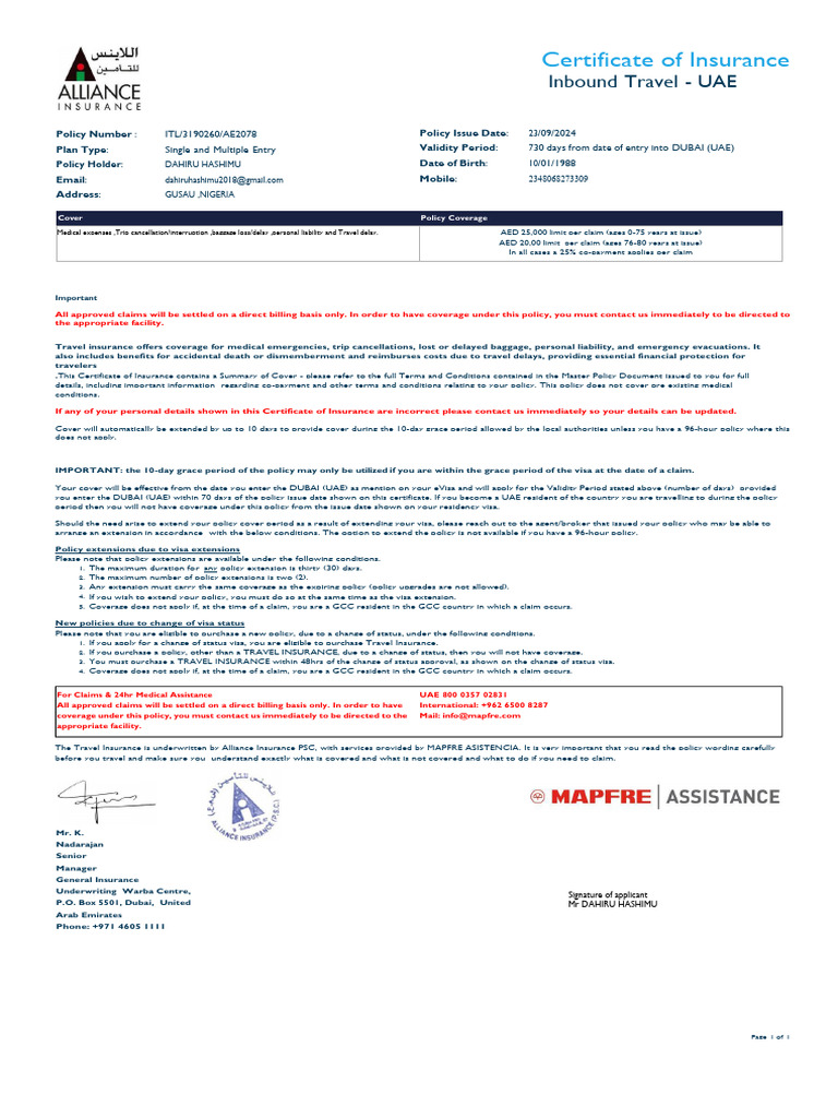 Dahiru Hashimu Travel Insurance Certificate | PDF