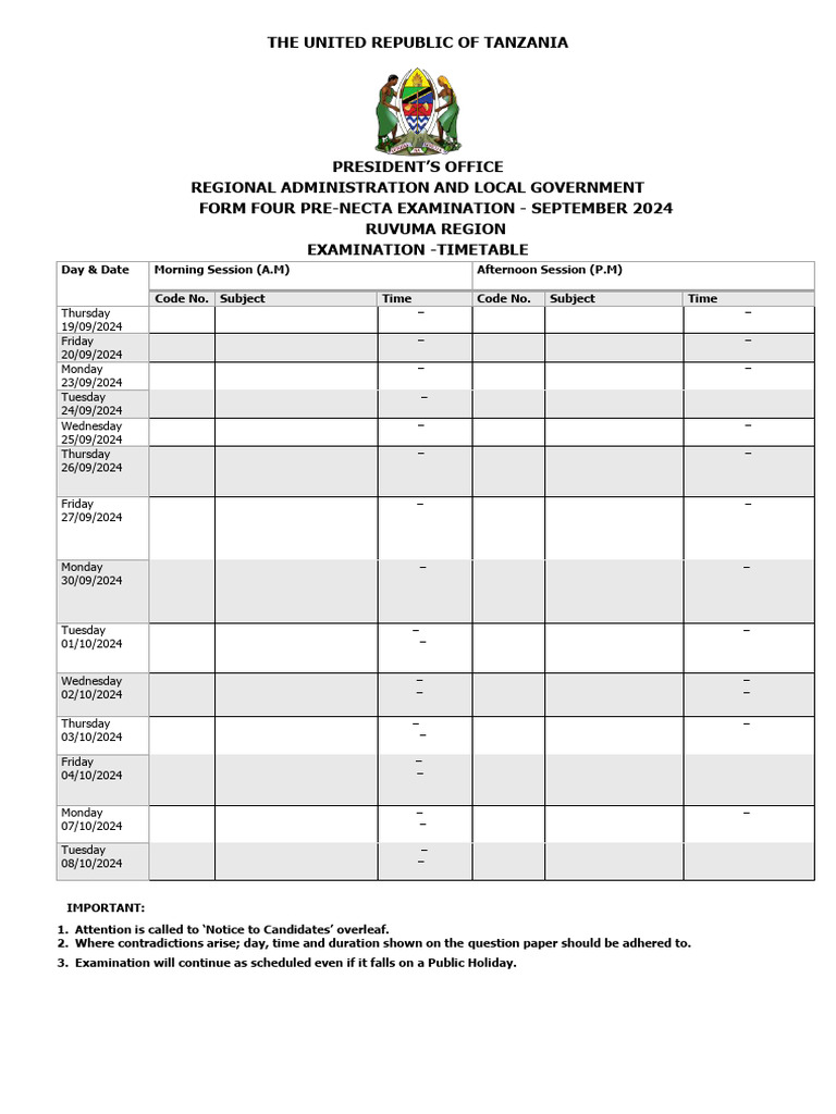Form IV Pre-Necta Exam Timetable 2024 | PDF