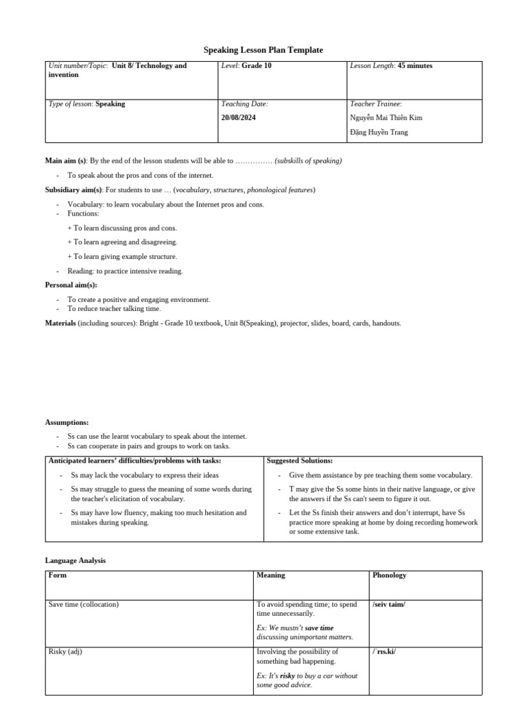 Speaking Lesson Plan - Teaching Practice | PDF