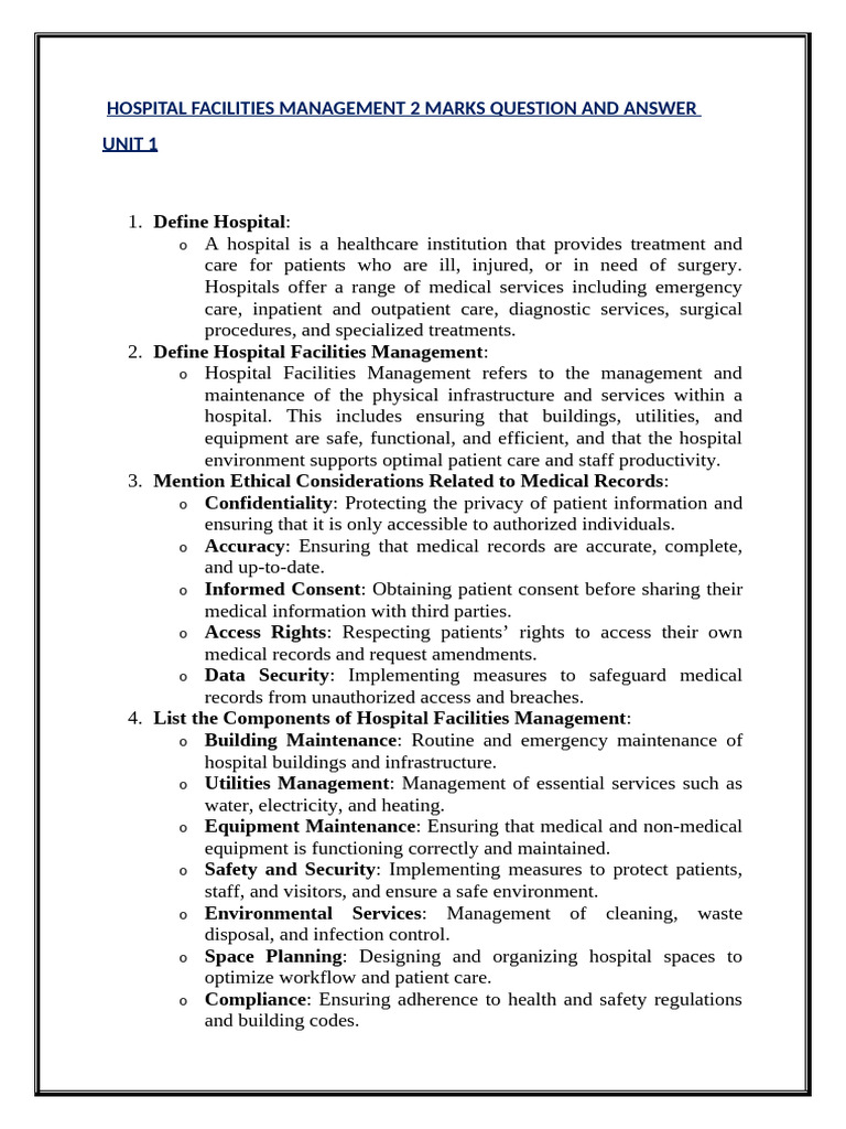 Hospital Facilities Management 2 Marks Question and Answer | PDF
