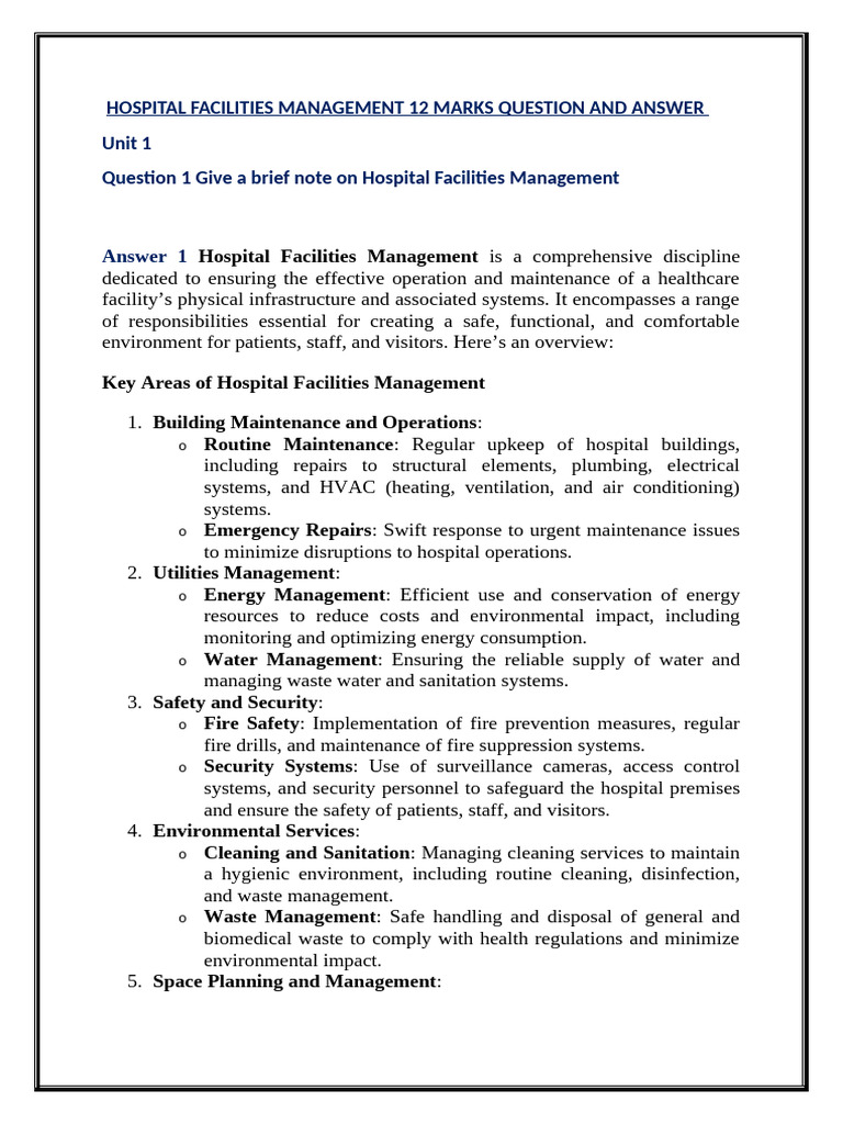 Hospital Facilities Management 12 Marks Question and Answer | PDF