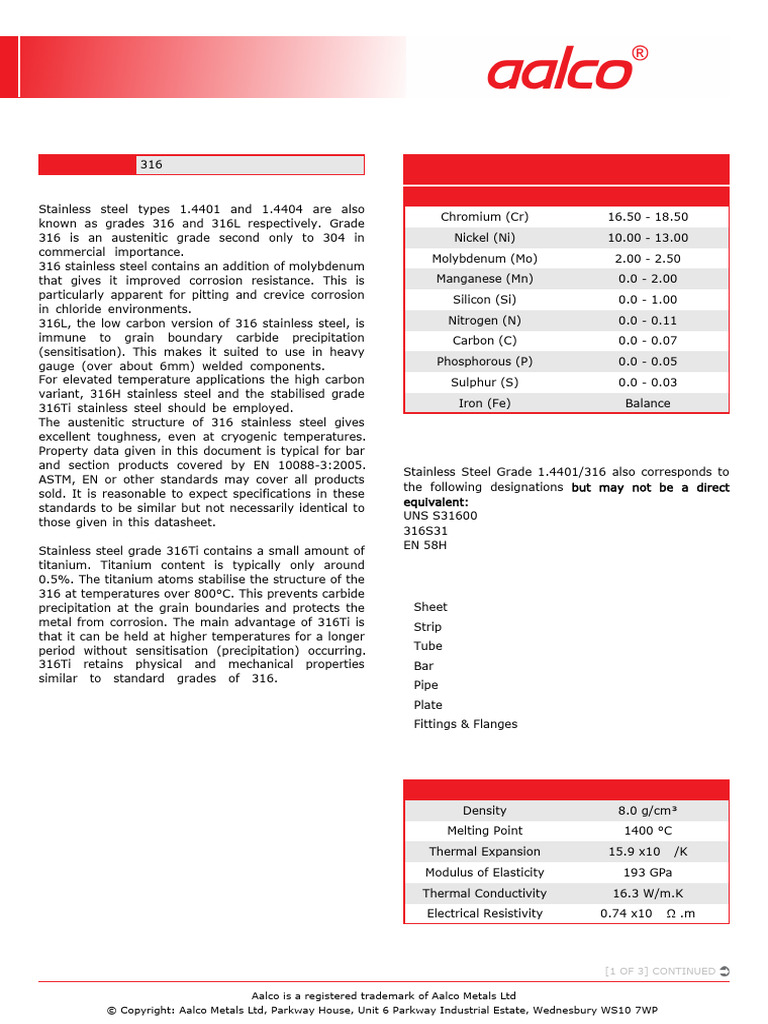 Aalco Metals LTD Stainless Steel 14401 316 Bar and Section 37 | PDF