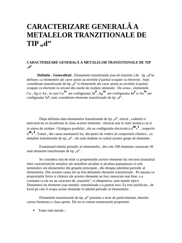 Caracterizare Generalǎ A Metalelor Tranzitionale de Tip | PDF
