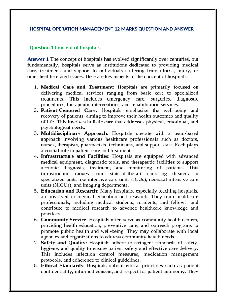 Hospital Operation Management 12 Marks Question and Answer | PDF