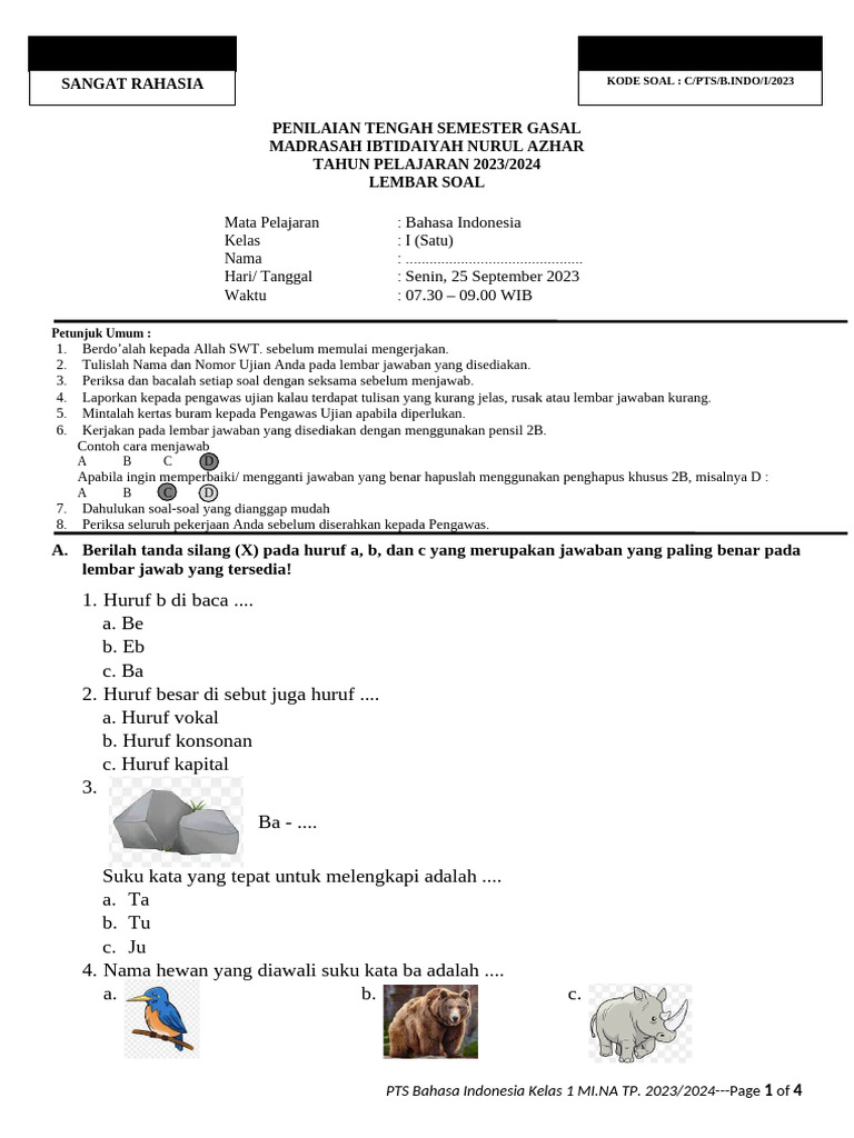 Soal PTS Mi 2023 Kelas 1 Mapel B.indo | PDF