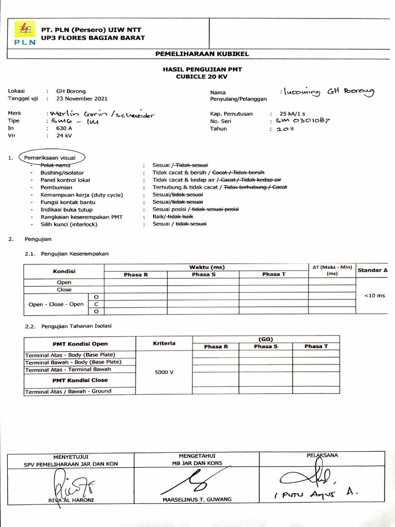Pemeliharaan Kubikel 20 kV PLN NTT | PDF