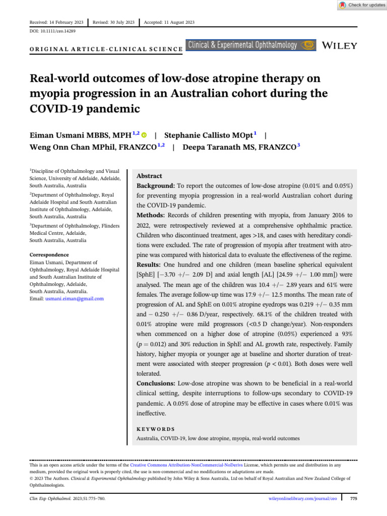 Clinical Exper Ophthalmology - 2023 - Usmani - Real World Outcomes of ...