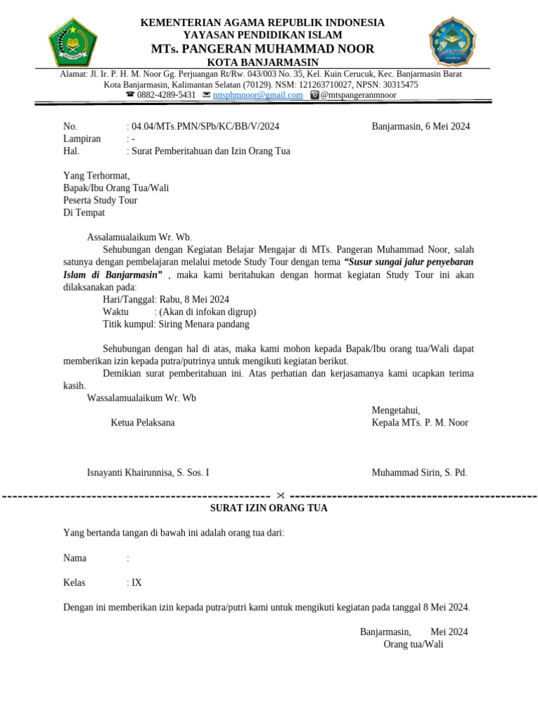 Surat Study Tour Dan Izin Ortu | PDF