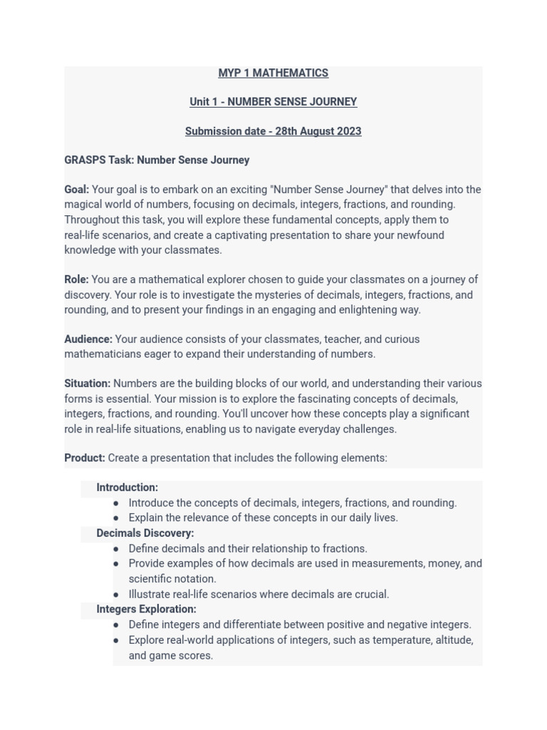 Myp1 Math Grasps Task - Numbers | PDF