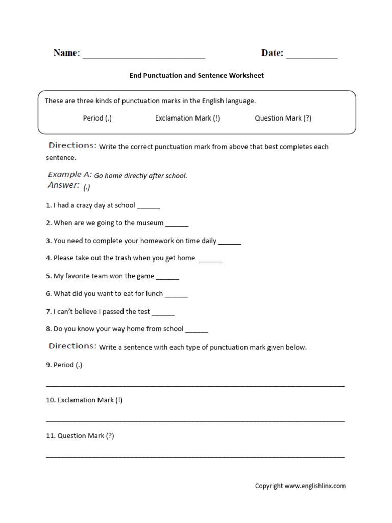 End Punctuation and Sentence Worksheet | PDF